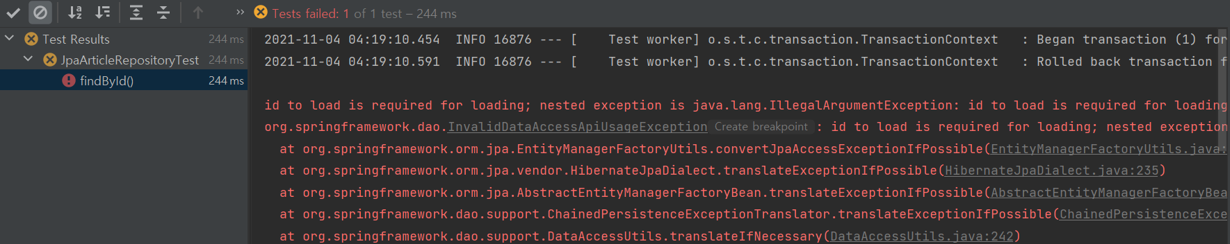 [Junit] id to load is required for loading 에러 및 해결 방법